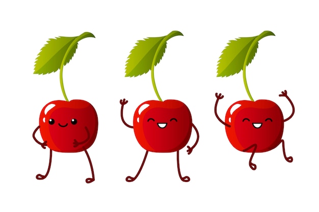 Premium Vector Set Cute Cherry Characters Kawaii Berry Characters Isolated