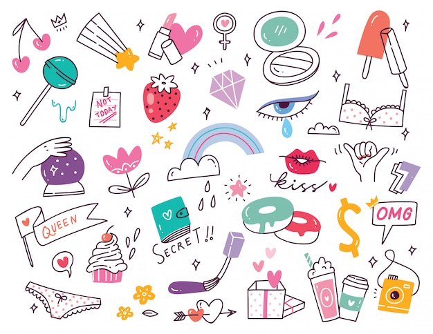 Premium Vector | Set of cute girly doodles Premium Vector | Set of cute girly doodles