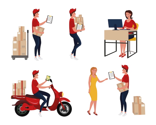 Premium Vector Set Of Delivery Man And Woman In Uniform Holding Boxes
