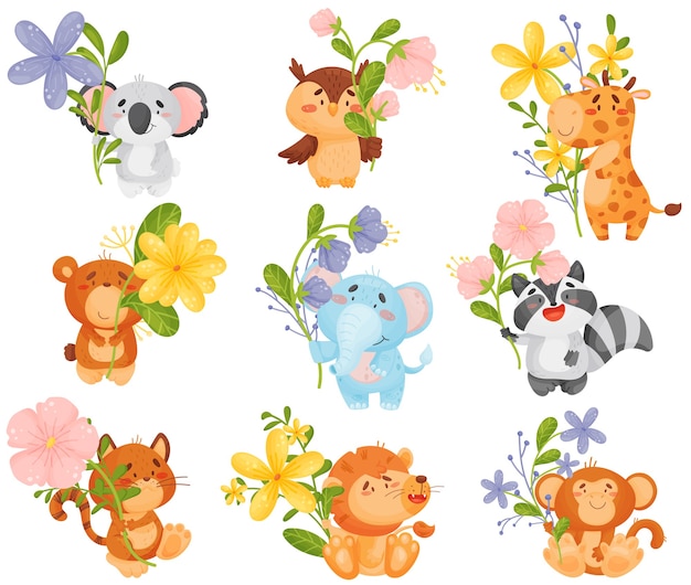 Premium Vector | Set of different cartoon animals with flowers Premium Vector | Set of different cartoon animals with flowers