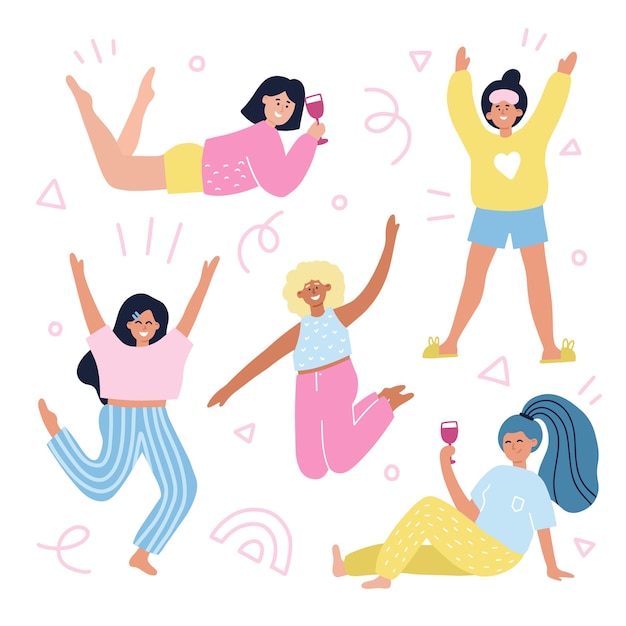 Premium Vector Set Of Different Girls In Pajamas Hand Drawn Cartoon