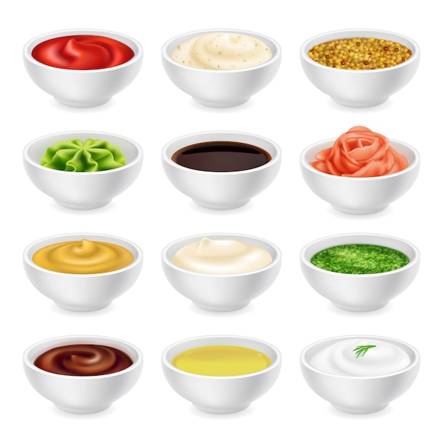 Premium Vector | Set of different sauces in bowls Premium Vector | Set of different sauces in bowls