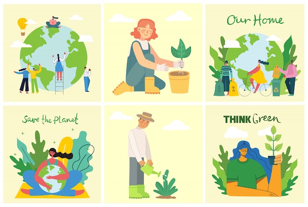Premium Vector | Set of eco save environment pictures. people taking ... Premium Vector | Set of eco save environment pictures. people taking ...