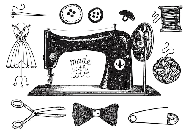 Premium Vector Set Of Hand Drawn Sewing Handcraft Vintage Elements