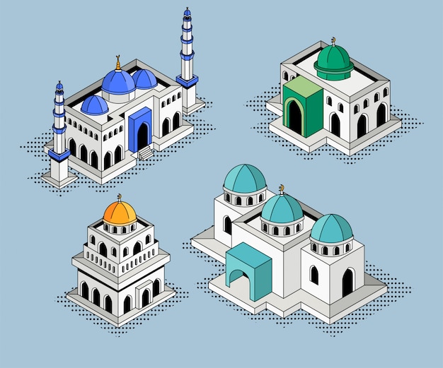 Premium Vector | Set mosque building isometric illustration Premium Vector | Set mosque building isometric illustration