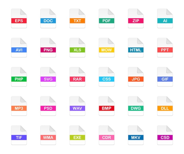 파일 형식 아이콘 세트 파일 형식 아이콘 Ui용 문서 및 파일 확장자의 형식 프리미엄 벡터