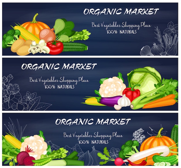 Premium Vector | Set of organic vegetables market banner Premium Vector | Set of organic vegetables market banner