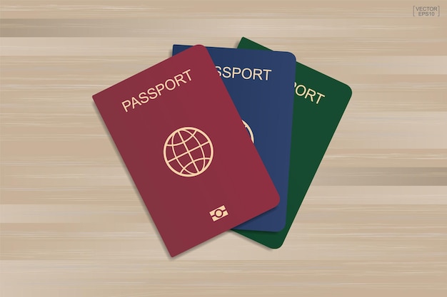 Premium Vector Set Of Passport On Wood Background Vector Illustration