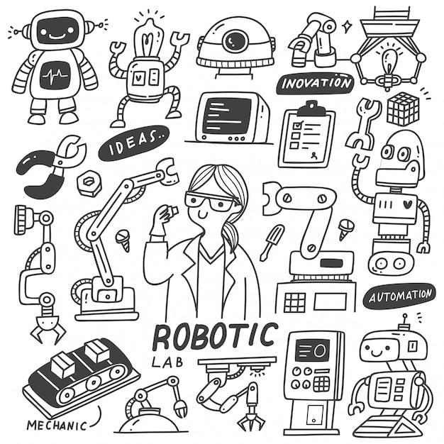 Set of robotic industry doodles Vector | Premium Download Set of robotic industry doodles Vector | Premium Download
