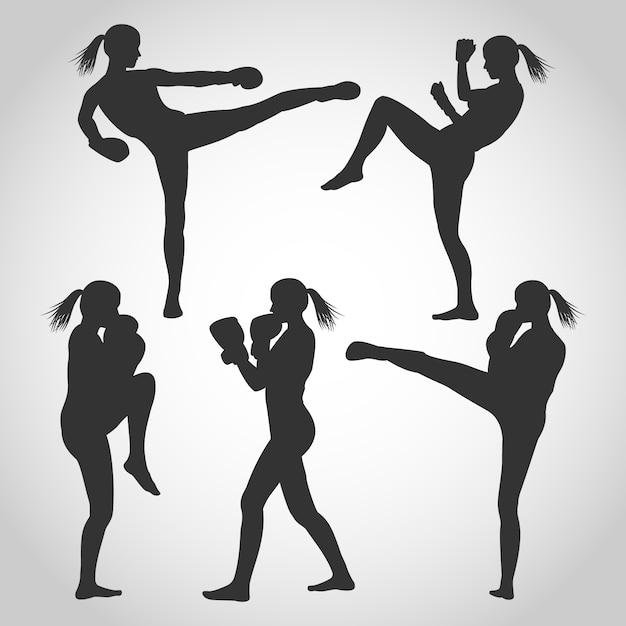 Set Of Women Kickboxing Silhouette Premium Vector