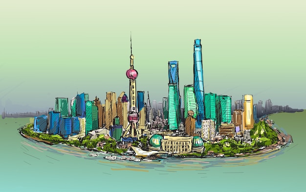 Premium Vector | Sketch cityscape of shanghai skyline free hand draw ... Premium Vector | Sketch cityscape of shanghai skyline free hand draw ...