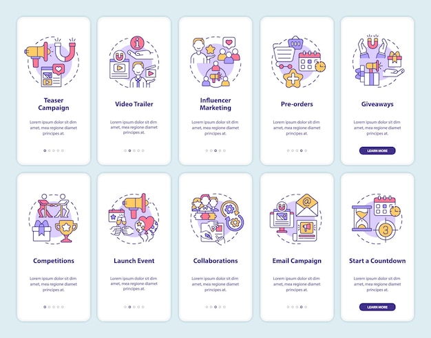 모바일 앱 페이지 화면 세트를 온보딩하는 중소기업 출시 팁 개념이 포함된 시작 부스트 연습 5단계 그래픽 지침 선형 컬러 일러스트레이션이 있는 Ui Ux Gui 벡터