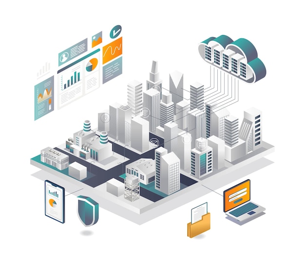 Premium Vector | Smart city security with cloud server data analyst Premium Vector | Smart city security with cloud server data analyst