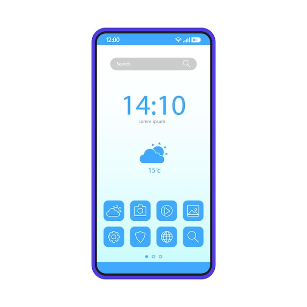 스마트폰 홈 화면 벡터 템플릿입니다 모바일 인터페이스 블루 디자인 레이아웃입니다 핸드폰 바탕화면 설정 플랫 Ui 탐색