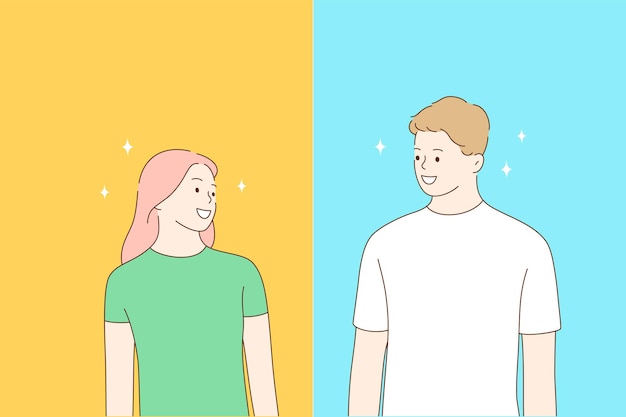 Premium Vector | Smiling young man and woman looking at each other Premium Vector | Smiling young man and woman looking at each other