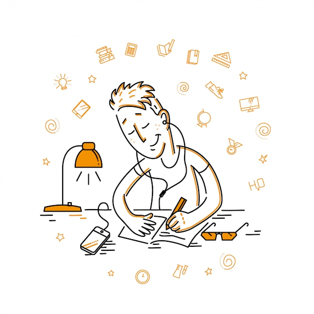 Premium Vector | Student studying vector outline illustration. Premium Vector | Student studying vector outline illustration.