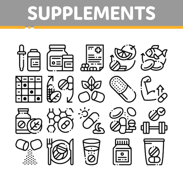 Premium Vector | Supplements collection elements icons set Premium Vector | Supplements collection elements icons set