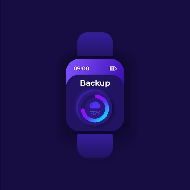 시스템 백업 Smartwatch 인터페이스 벡터 템플릿입니다 모바일 앱 알림 야간 모드 디자인 파일 복사 프로세스 화면입니다 응용 프로그램에 대한 평면 Ui 스마트