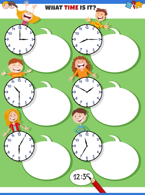 Premium Vector | Telling time educational task with happy children Premium Vector | Telling time educational task with happy children