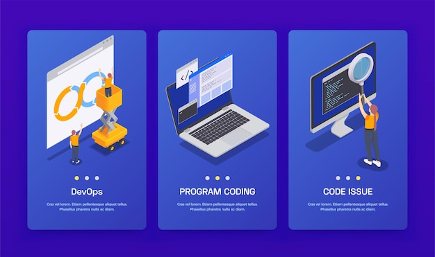 Devops 프로그램 코딩 및 코드로 설정된 세 개의 수직 프로그래밍 코딩 개발 아이소 메트릭 배너 무료 벡터