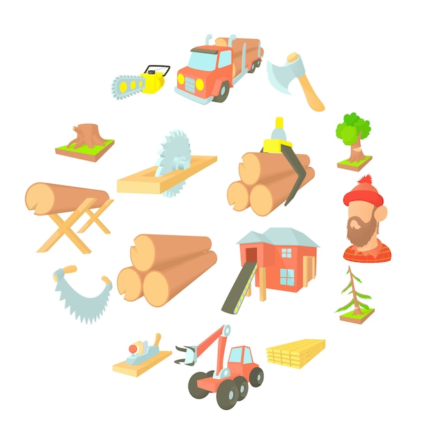 Premium Vector | Timber industry icons set, cartoon ctyle Premium Vector | Timber industry icons set, cartoon ctyle
