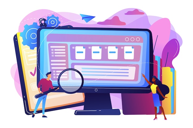 돋보기가있는 작은 비즈니스 사람들은 컴퓨터에서 문서 관리를 사용합니다 문서 관리 소프트 문서 흐름 앱 복합 문서 개념 무료 벡터