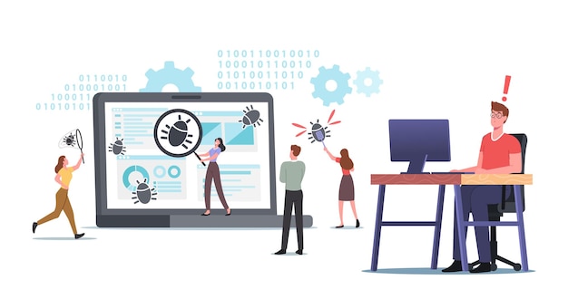 Premium Vector | Tiny characters fixing bugs on huge pc. software ...