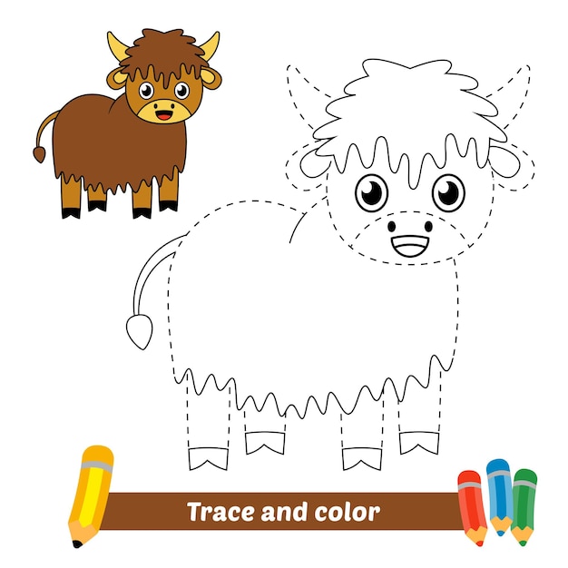 Premium Vector | Trace and color for kids, yak vector Premium Vector | Trace and color for kids, yak vector