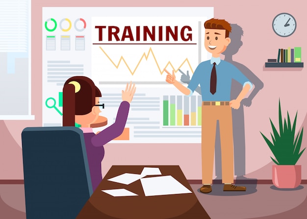 Premium Vector | Training with man presenting graphs analysis. Premium Vector | Training with man presenting graphs analysis.