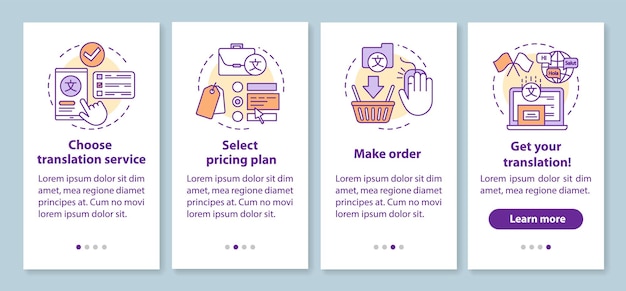 Premium Vector | Translation service process onboarding mobile app page screen with linear ...