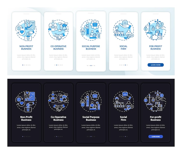 소셜 비즈니스의 유형은 어둡고 가벼운 온보딩 모바일 앱 페이지 화면입니다 개념이 포함된 5단계 그래픽 지침을 연습합니다 선형 야간 및 주간 모드 일러스트레이션이 있는