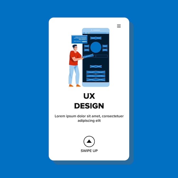Ux 디자인 프리랜서 디자이너 직업 벡터입니다 Man Creator Ux 디자인 및 생성 스마트폰 애플리케이션 인터페이스