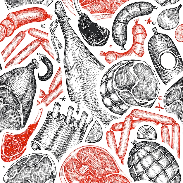 Premium Vector Vintage Vector Meat Products Seamless Pattern