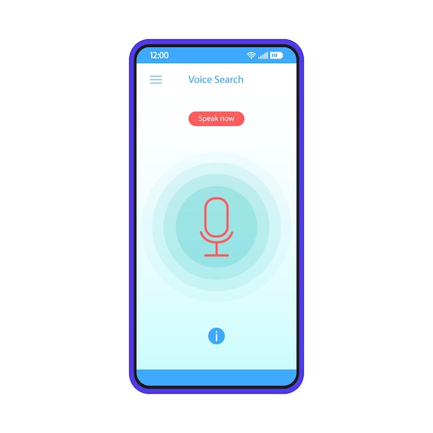 음성 검색 스마트폰 인터페이스 벡터 템플릿입니다 음성 인식 모바일 앱 인터페이스 블루 디자인 레이아웃입니다 화면 음성 액션 및 제어 응용 프로그램에 대한 평면 Ui