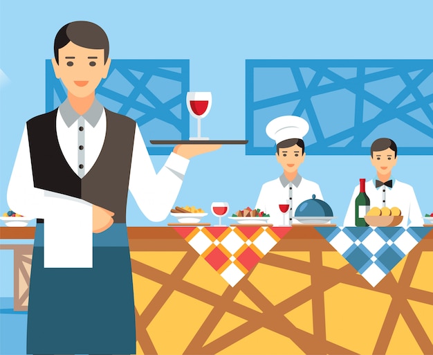 Premium Vector Waiter Holding Serving Tray Cartoon Character