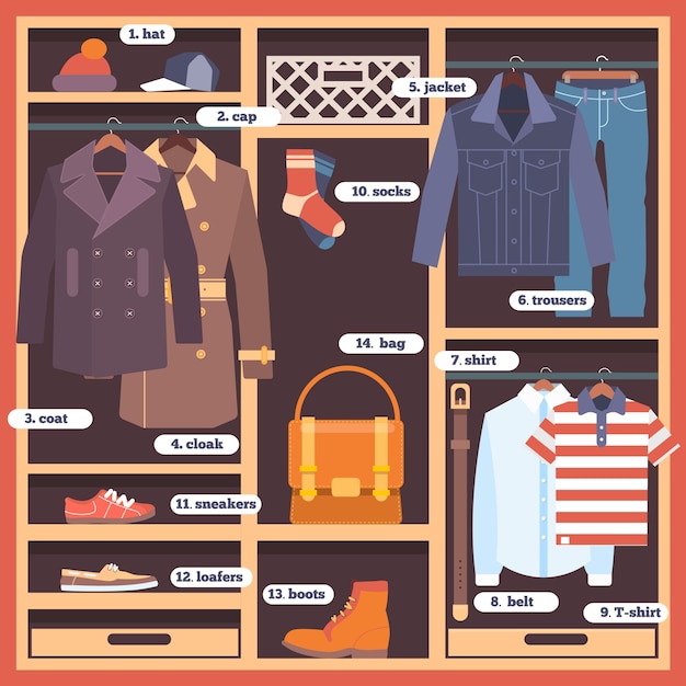 Wardrobe Room Full Of Mans Cloths Flat Style Vector Illustration