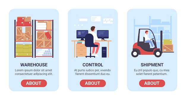 Premium Vector | Warehouse work vector mobile app page onboard screen set Premium Vector | Warehouse work vector mobile app page onboard screen set