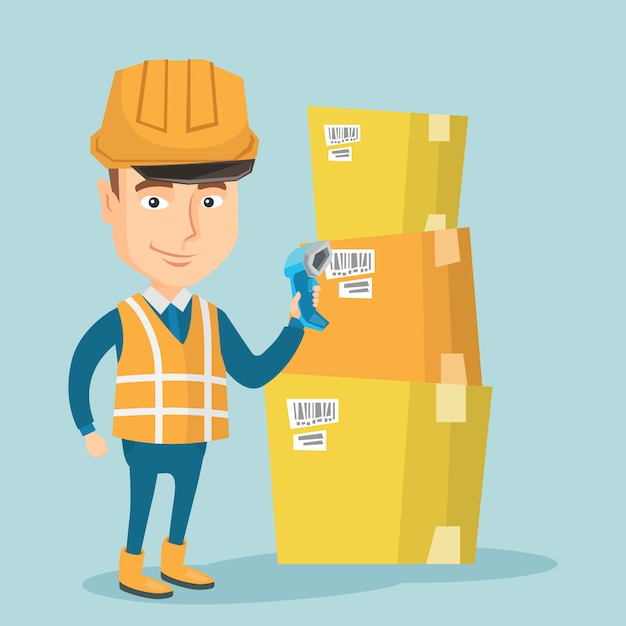 Premium Vector | Warehouse worker scanning barcode on box. Premium Vector | Warehouse worker scanning barcode on box.