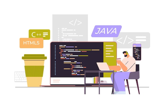 Premium Vector | Web developer creating program code on laptop screen ...