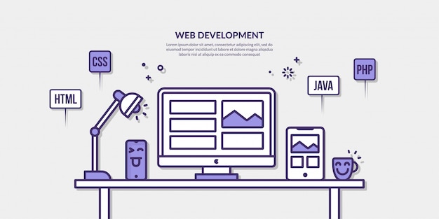 Premium Vector | Web development with outline element on yellow Premium Vector | Web development with outline element on yellow