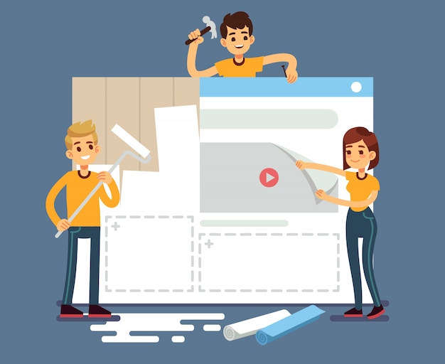 Premium Vector | Website development with developers creating content. web construction vector ...