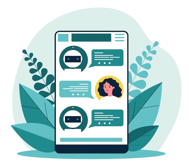 Premium Vector | Woman consulting chatbot Premium Vector | Woman consulting chatbot