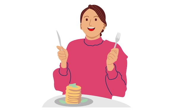 Premium Vector | Woman eating pancakes for breakfast Premium Vector | Woman eating pancakes for breakfast