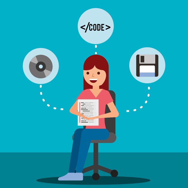 Premium Vector | Woman programmer sit with page program coding Premium Vector | Woman programmer sit with page program coding