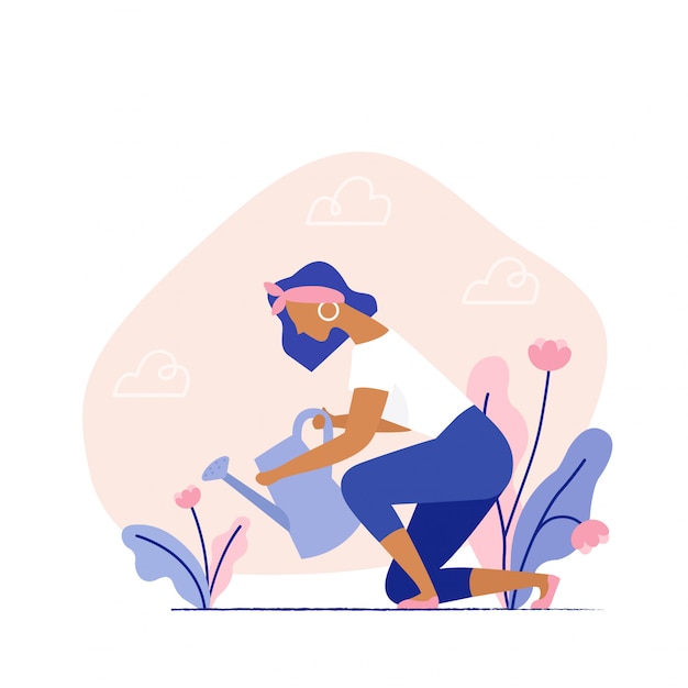 Premium Vector Woman Watering A Plant Female Character Gardening