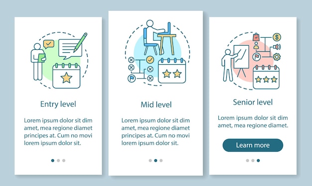 선형 개념으로 모바일 앱 페이지 화면을 온보딩하는 작업 경험 지위 지위 엔트리 중급 고위급 연습 단계 그래픽 지침 아이콘이 있는 Ux Ui Gui 벡터 템플릿