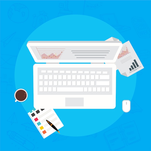 Premium Vector | Workplace on blue background Premium Vector | Workplace on blue background