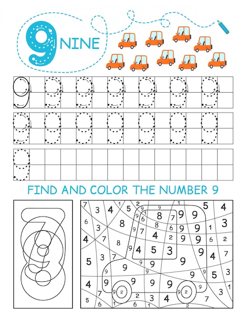 Premium Vector | Write numbers 9. nine tracing worksheet with cars for ... Premium Vector | Write numbers 9. nine tracing worksheet with cars for ...