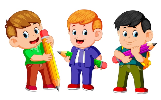 Premium Vector | A young boy holding big pencil Premium Vector | A young boy holding big pencil