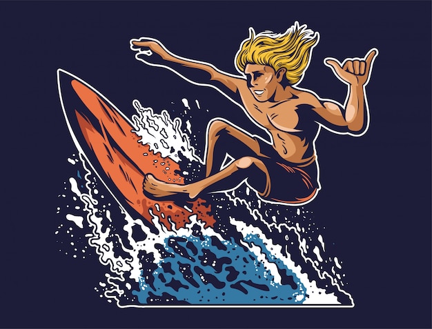 Premium Vector Young Crazy Man Surfer Which Surfing On Big Good Blue